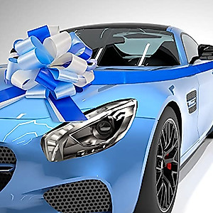 Car Bow Pull Bow Car Gift Wrapping Bow with 20 ft Car Ribbon for Car Decor Wedding New Houses Party Celebration (Blue and White,20 Inch)