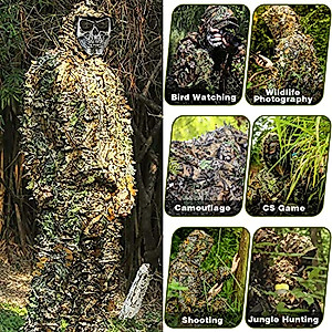 Ghillie Suit 3D Leafy Camo Suit Youth Adult Lightweight Hunting Camouflage Suits Turkey Camo Hunting Gear Camo Clothing Hooded Apparel Gilly Suit for Hunting Shooting Airsoft Wildlife Photography