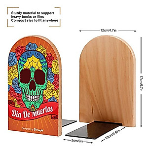 Pack of 2 Bookend Sugar Skulls Non-Slip Book Stand Wooden Bookshelf Books Holder for Home Desk Office Library