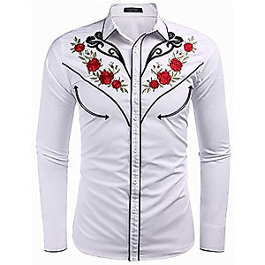 COOFANDY Men's Western Cowboy Shirt Embroidered Rose Vintage Long Sleeve Casual Button Down Shirt
