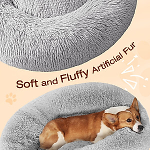 JOLLYVOGUE Calming Donut Dog Bed & Cat Bed, Anti-Anxiety Washable Round Bed, Fluffy Dog Cuddler Bed, Cozy Dog Cat Cushion Bed for Small Puppy (20")