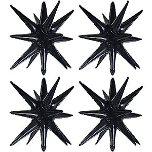 Toniful 4 Pcs 22inch 4D Black Starburst Cone Mylar Balloons 14Point Star Balloons Explosion Star Foil Balloons for Party Supplies Backdrop Christmas,New Year,Birthday, Wedding,Photo Booth Ornament