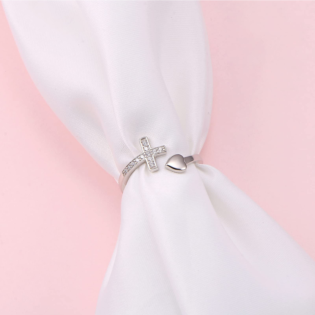 Yearace Cross Rings 925 Sterling Silver CZ Adjustable Faith Hope Love Cross Open Ring for Women Men Sideways Cross Christian Religious Stackable Ring- US Size 6