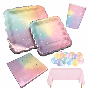Oojami Serves 18 Scalloped Pastel Iridescent Complete Party Supplies Includes Plates Cups Napkins Table Cover Balloons Ideal for Kids Birthdays, Bridal Showers, Unicorn Theme