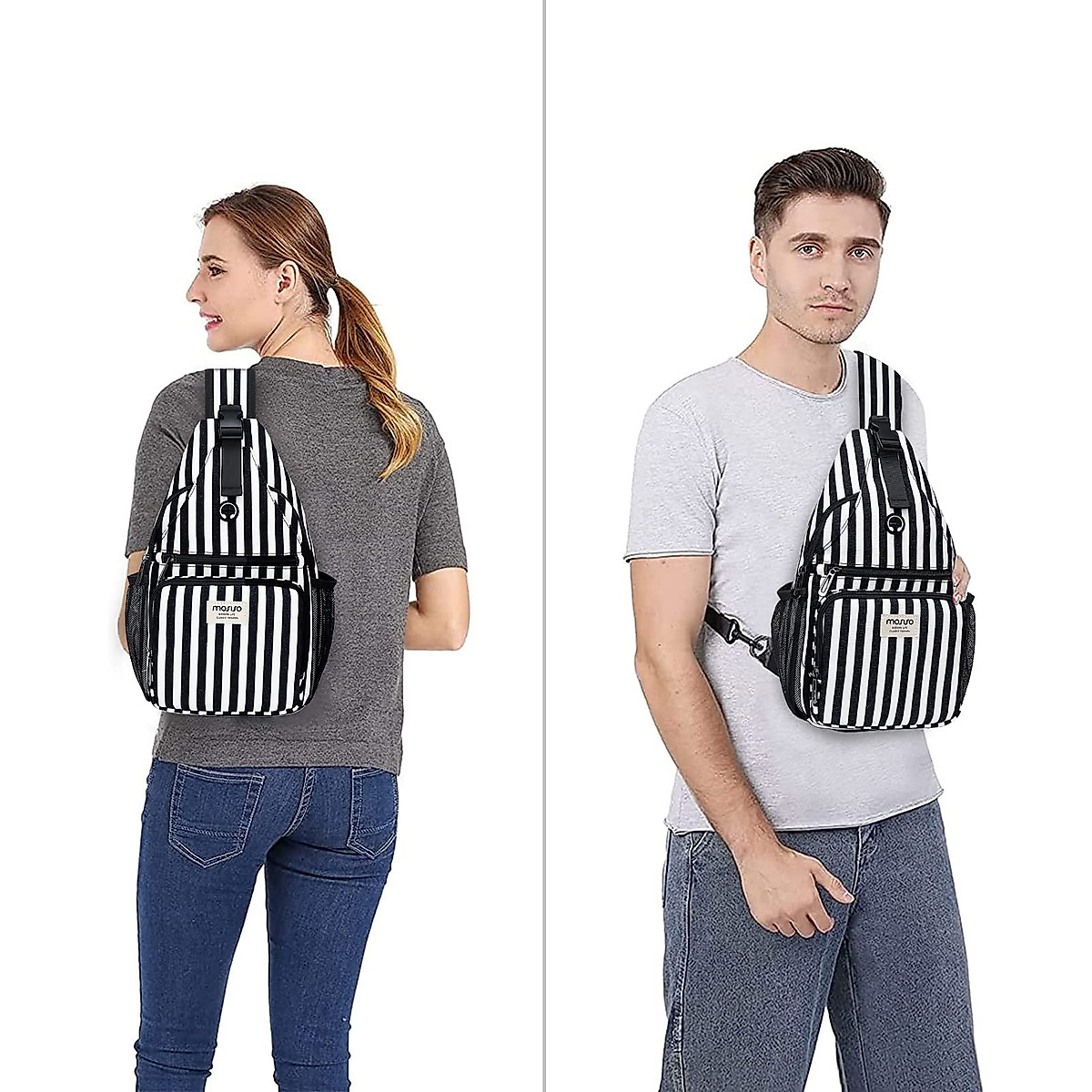 MOSISO Crossbody Sling Backpack, Vertical Stripe Sling Bag with Front Raised Pocket Travel Hiking One Shoulder Chest Bag Daypack, Black