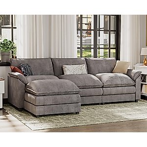 JUMMICO 119” Sectional Sofa Modern Deep Couch with Reversible Ottoman, L-Shaped Chenille Fabric Modular Sofa Sleeper Comfy for Living Room/Bedroom/Apartment (Grey, L Shaped Sofa)