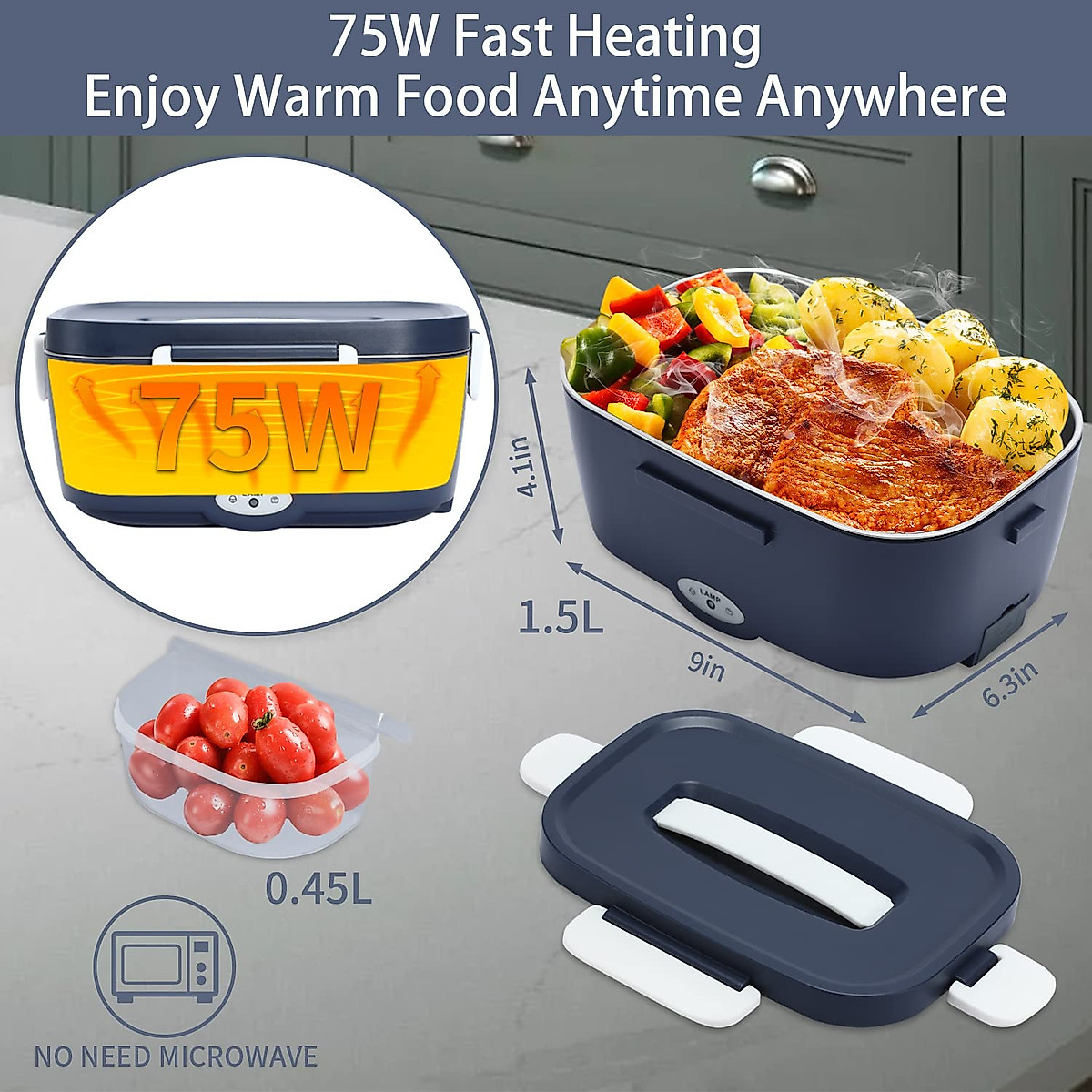 Electric Lunch Box, 75W Portable Food Heater for Adults, Fast Heating Food Warmer for Car Truck Home Office 110V/12V/24V with 1.5L 304 Stainless Steel Container, Fork Spoon and Bag, Blue+White