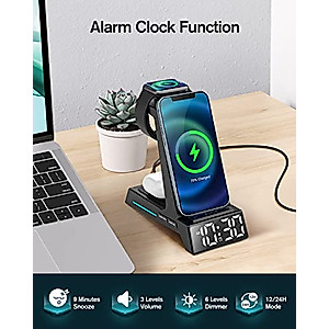 Wireless Charging Station - 4 in 1 Wireless Charger with Alarm Clock, Charging Stand Dock for iPhone 15/14/13/12/11/Pro/Max/XR/XS/X/Samsung Phone, for AirPods Pro/3/2, Apple Watch 9/8/7/6/5/SE/4/3/2