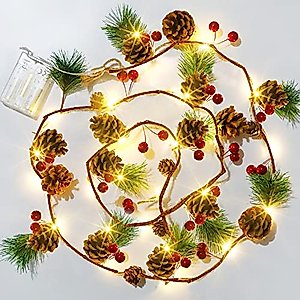 Dazzle Bright 6.5 FT Pine Cone Christmas String Lights, 20 LED Battery Operated Christmas Garland with Red Berry Pine Cone Fairy String Lights for Indoor Outdoor Xmas Fireplace Mantel Decorations