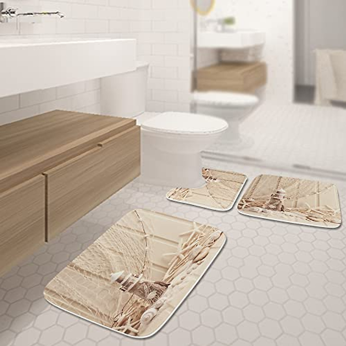 Beige Bathroom Rugs and Modern Fishing Net Seashell Lighthouse Mats Sets 3 Piece, Velvet Memory Foam Marine Beach Theme Bath Mat, Large Small and U-Shaped Contour Shower Mat Non-Slip Washable