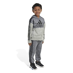adidas Boys' Long Sleeve Color Block Mélange Fleece Jacket Set, Charcoal Grey Heather, 4