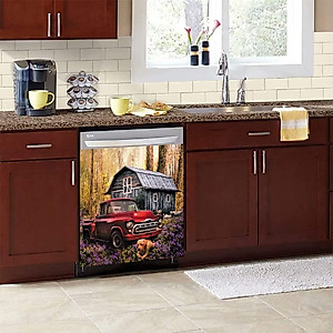 LUJO Flower Landscape Magnet Dishwasher Cover Red Truck Dog Magnetic Sticker Vinyl Decal for Refrigerators Appliances 23'' x 26''