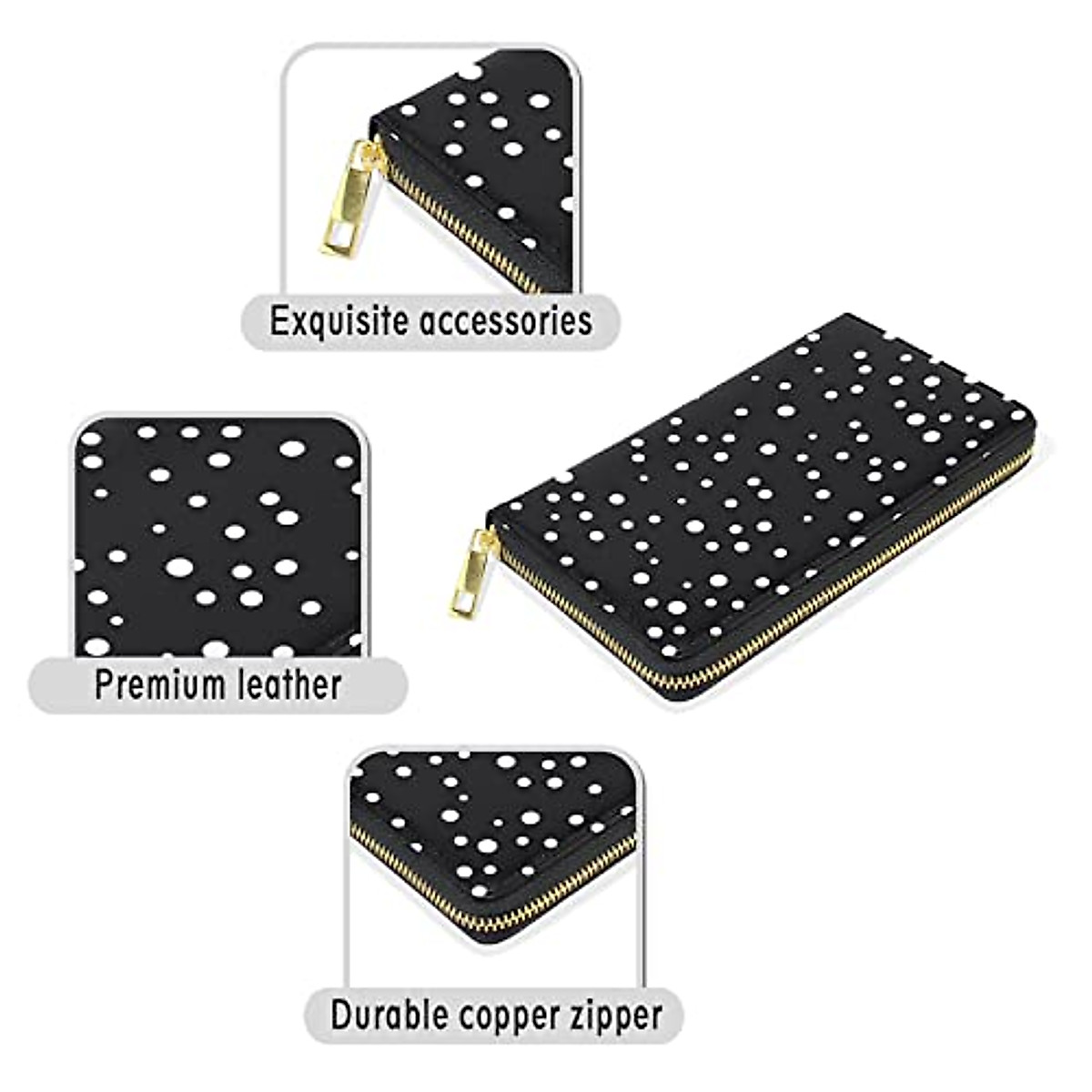 Women's Polka Dot Long Wallet, Zippered Coin Purse, Leather Clutch Wallet