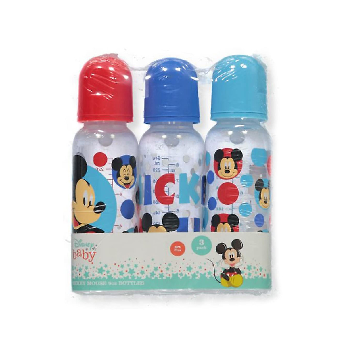 Disney Cudlie Mickey Mouse Baby Boy 3 Pack 9oz Bottles with Bright Mickey Print