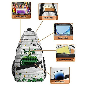 Gsypo Sling Backpack, St. Patrick's Day Luck of The Irish Truck Shamrock and Dwarf Wood Waterproof Lightweight Small Sling Bag, Travel Chest Bag Crossbody Shoulder Bag Hiking Daypack for Women Men