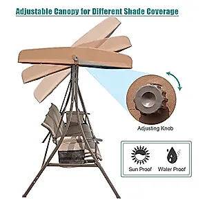 GOLDSUN 3 Person Patio Swing Chair with Storage Pocket Bag Weather Resistant Canopy Heavy Duty Steel Frame Hanging Glider Seating for Outdoor,Balcony,Garden, Porch,Deck and Poolside(Brown)