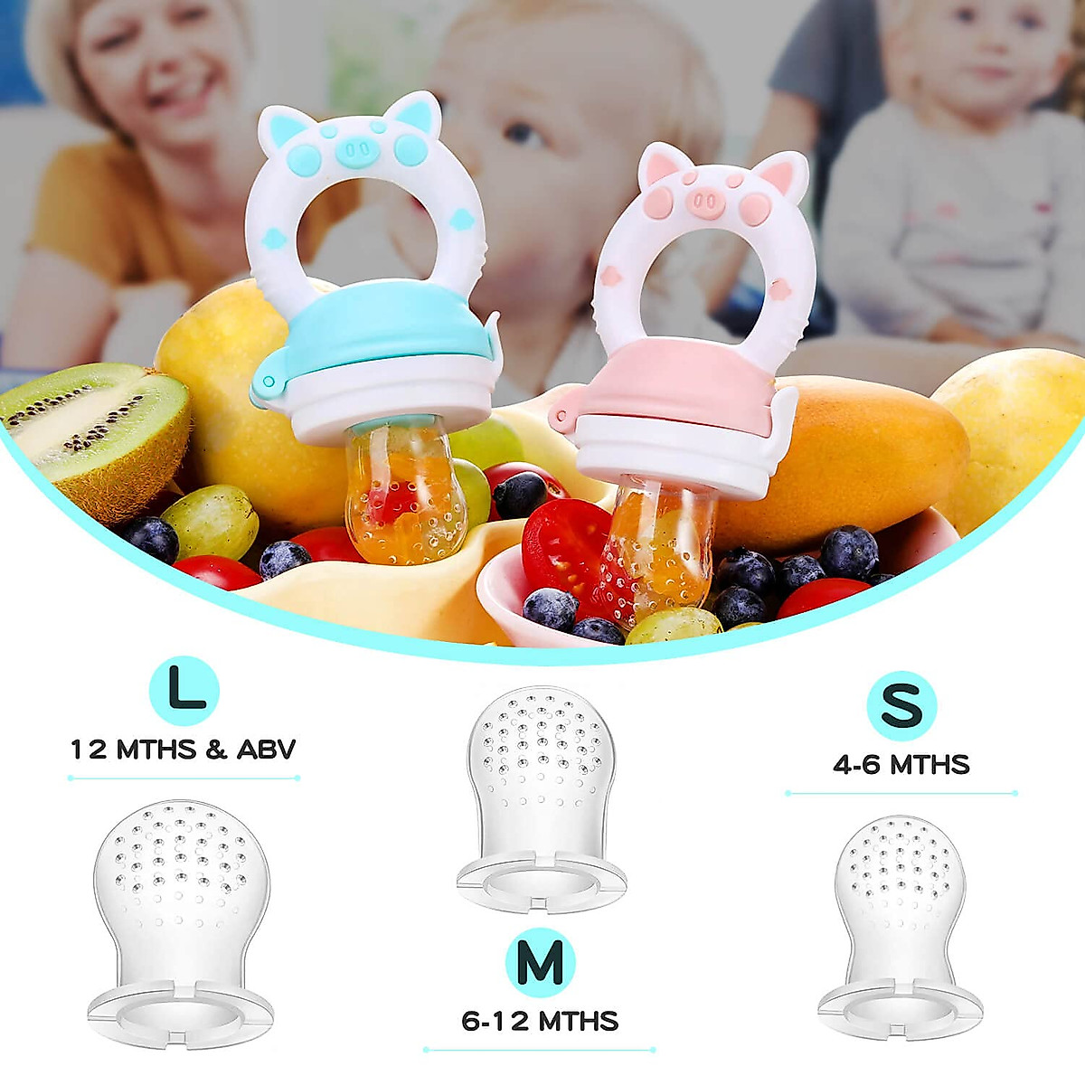 Baby Fruit Food Feeder Pacifier - Fresh Teething Pacifiers, Infant Fruit Teething Teether Toy for 3-24 Months, 6 Pcs Silicone Pouches for Toddlers & Kids & Babies, Piggy Handle 2-Pack (Blue)