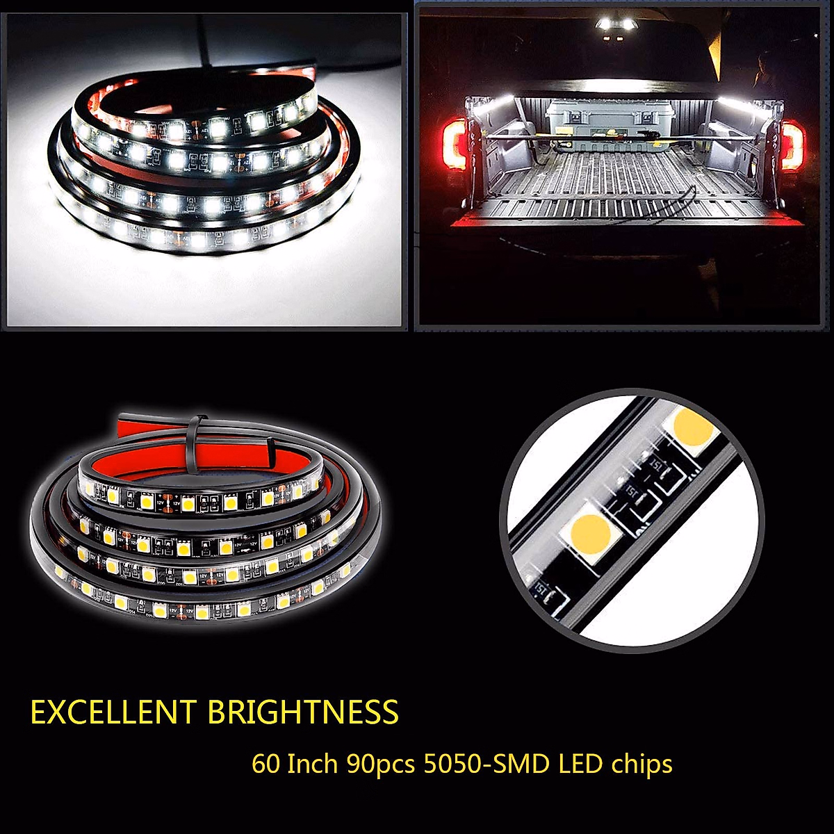 NBWDY 2Pcs 60in White 180 LED Truck Bed Light Strip Kit Waterproof Lighting Lamp with On-Off Switch Fuse 2-Way Splitter Extension Cable for Cargo Truck,Pickup,SUV,RV,Boat