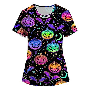 Going Out Tops for Women, Sequin Crop Top Women Cotton Shirts Women's Halloween Cute Shirt Fall Pumpkin V Neck Short Sleeve Uniform Tops Green T Shirt Womens Gauze Tops(Dark Blue,XL)
