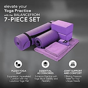 BalanceFrom 7-Piece Set - Include Yoga Mat with Carrying Strap, 2 Yoga Blocks, Yoga Mat Towel, Yoga Hand Towel, Yoga Strap and Yoga Knee Pad (Purple, 1/2"-Thick Mat)