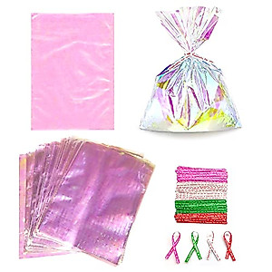 SaktopDeco 100 PCS Holographic Cellophane Bags Holographic Gift Bags Iridescent Plastic Goodie Bags with Ties Cookie Bags for Bakery Cookies Goodies (5" x 7")