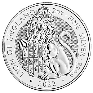2022 No Mint Mark 2022 U.K. 5 Pound 2 oz Silver Tudor Beast Lion of England BU G$5 The Royal Mint Mint State
