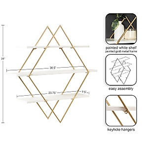 Kate and Laurel Daxton Modern Wood and Metal Diamond Wall Shelf, 31 x 8 x 31, White and Gold, Glam Geometric Wall Organization for Bathroom Storage or Living Room Display