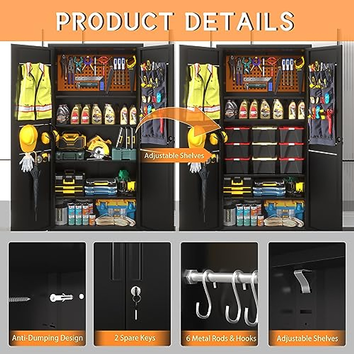 Metal Storage Cabinet - 72-Inch Black Lockable Garage Cabinet with Doors