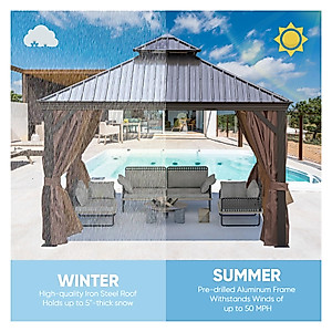 12 x 12FT Hardtop Gazebo - Outdoor Polycarbonate Double Roof Gazebo Canopy, Metal Frame Permanent Pavilion with Curtains and Netting for Garden Patio Backyard Party Deck Lawn