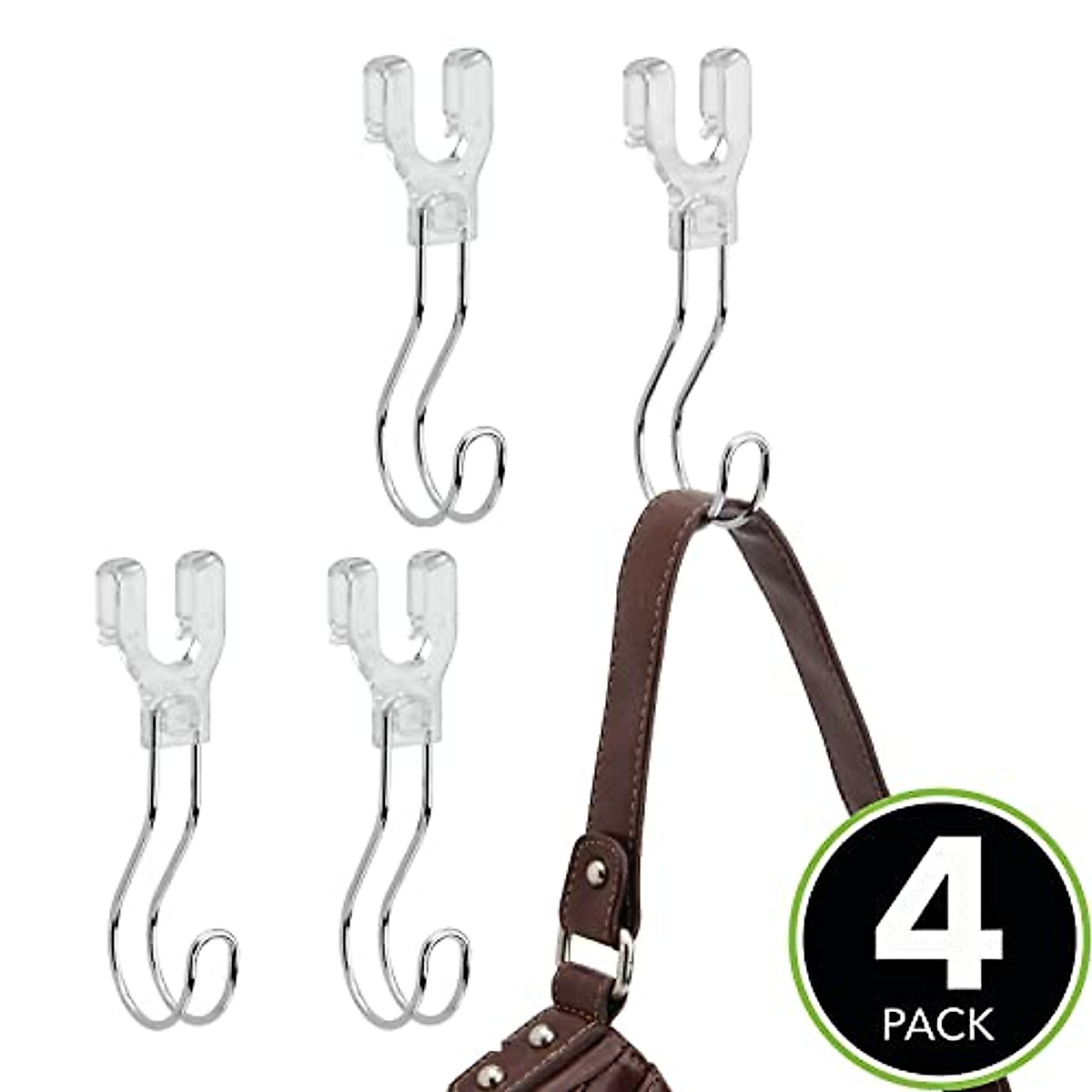 mDesign Hanging Closet Storage Hook - Organizes Handbags, Scarves, Ties, Belts, Accessories - Great for Men, Women & Kids Bedroom, Hall & Coat Closet - Hangs Below Wire Shelving, 4 Pack - Chrome/Clear