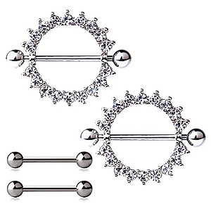 Ruifan 316L Stainless Steel Round Clear CZ Gem Nipple Shield Ring & Nipple Barbell Bar Retainer Body Piercing 14G 4PCS - Steel
