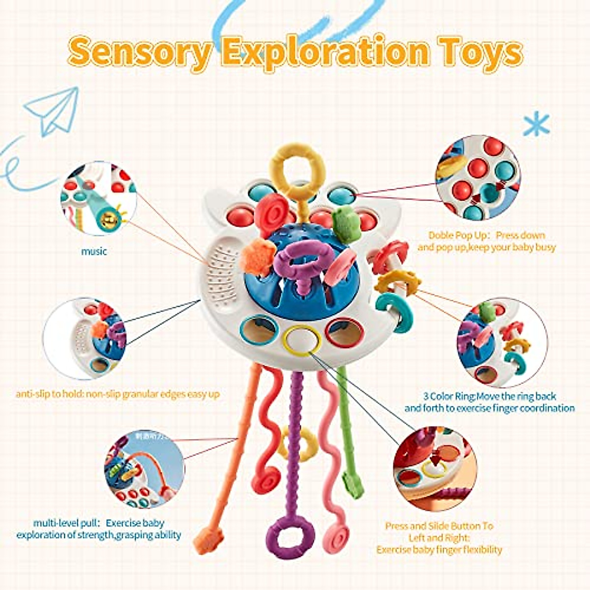 Baby Toys 6 to 12 Months, Montessori Toys for 1 Year Old, Tactile Stimulation Pull String Toys, Infant Educational Interactive Teething Toys for 6 12 18 Months, Travel Toys for Car Seat Stroller