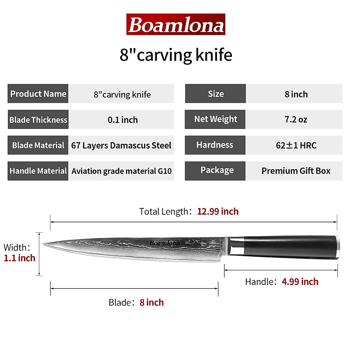 BOAMLONA Damascus Carving Knife - 8" Slicing Razor Sharp Meat Cutting Knife - Japanese VG10 Steel Core High-carbon steel Forged -Full Tang Ergonomic G10 Handle/w Sheath&Gift Box