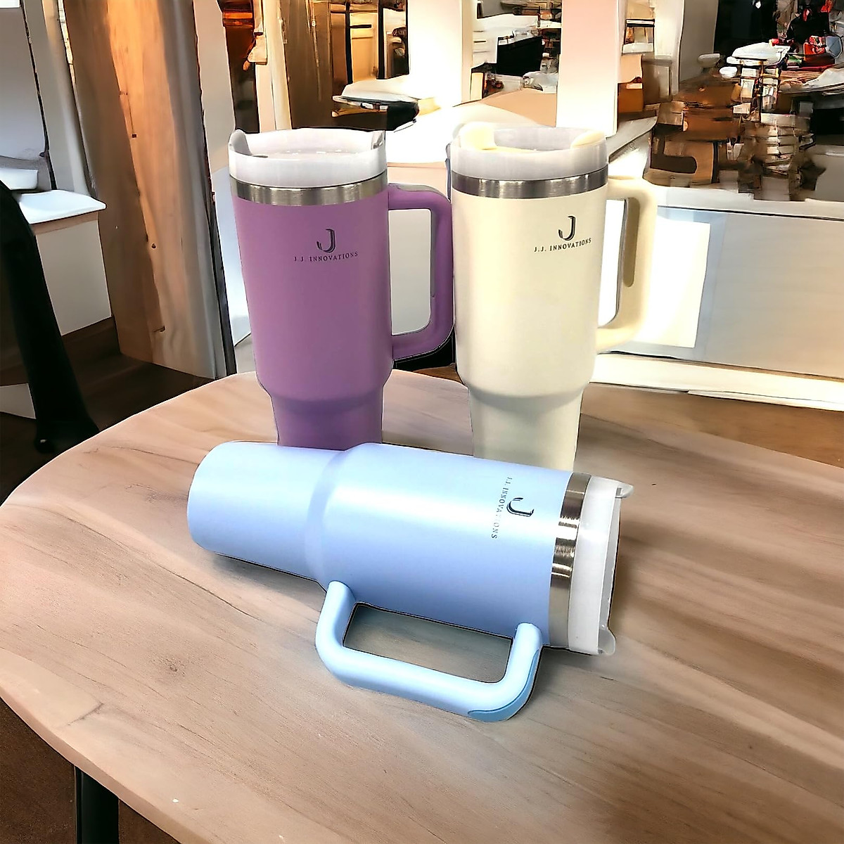 J.J. INNOVATIONS 40oz Stainless Steel Vacuum Insulated Tumbler with Lid, Sorbet, Handle, Sorbet Cap & Protection Set, Long Hours Cold or Hot Temperature, No Sweating, Portable Tumbler. (CREAM)