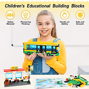 City Town Bus Station Building Block Set - 386 Pieces, Educational Learning Creative STEM Bus Toy, Ideal Gift for Kids, Boys, and Girls Ages 6 and Up