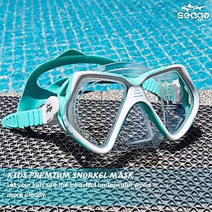 Seago Kids Swim Goggles with Nose Cover Snorkel Mask Scuba Diving Swim Mask Anti-Fog Tempered Glass, Panoramic Clear View Silicone Seal Snorkeling Gear Swimming Goggles for Kids 6-14 Boys Girls Youth