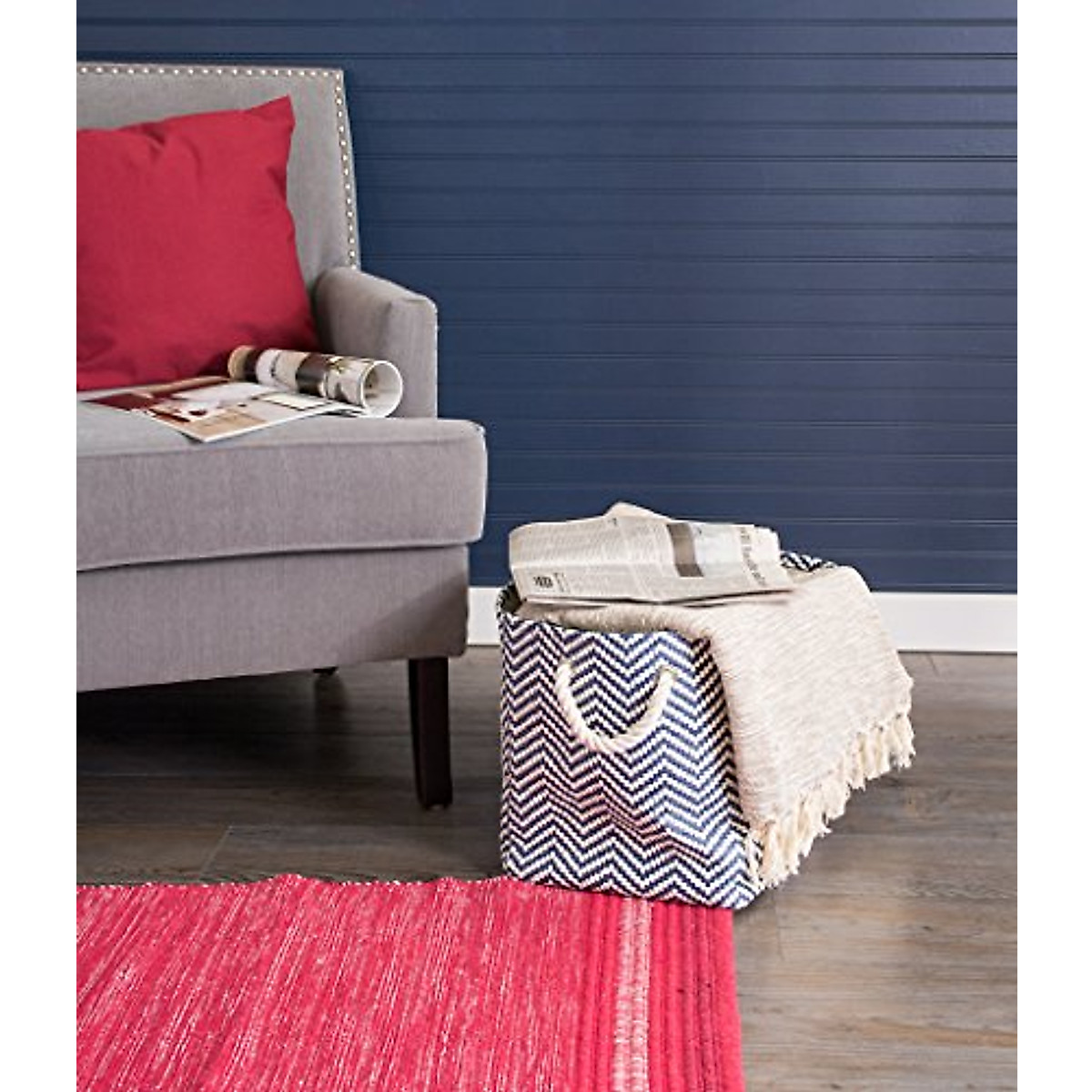 DII Chevron Woven Paper Storage Organizer Bin Laundry Hamper, Organize Clothing, Toys, Pet Supplies, Accessories, Kids & Baby Nursery Basket, Small Rectangle, Nautical Blue