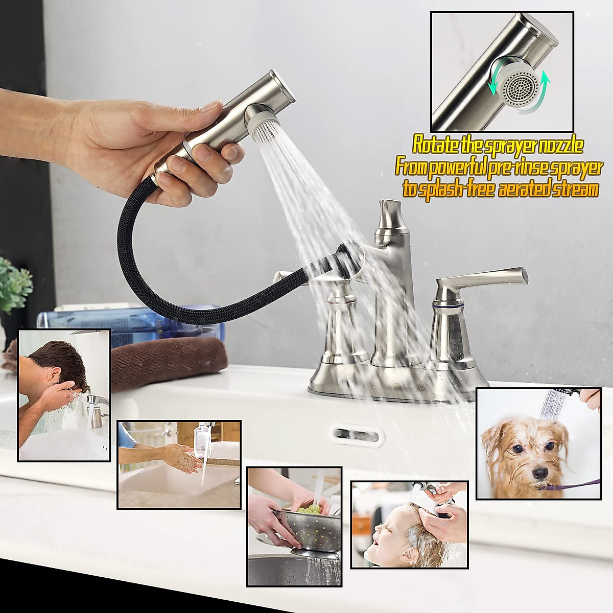 LEITECHUWEI Bathroom Faucet with Pull Out Sprayer for 3 Hole,4 Inch Centerset Utility Sink Faucet,Brushed Nickel Bathroom Sink Faucet for Vanity Faucet Lavatory Faucet Rv Faucet Indoor Outdoor Faucet