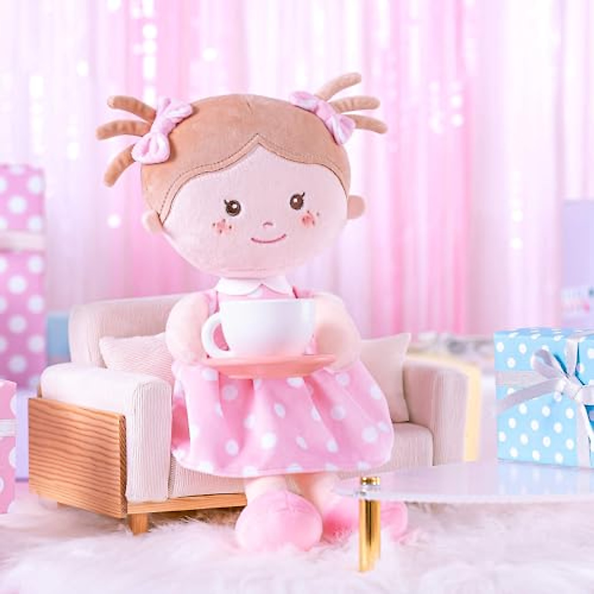 Onetoo Plush Rag Doll Sleeping Cuddle Buddy Doll Soft Baby Doll for Girls First Baby Doll Wear Pink Skirt Dress 14"（Milly Series）