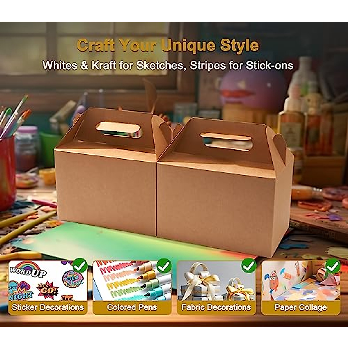 Happyhiram 10-Pack Large Gable Boxes Brown - 9x6x6 Inch Sturdy Kraft Paper Containers for Gifts, Box Lunches, Cookies, and Birthday Wedding, Welcome Boxes Easy to Assemble with Handles
