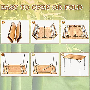 KingCamp Bamboo Folding Table Environmental Camping Table with Adjustable Height Aluminum Legs Heavy Duty 4-Folds Portable Camp Tables for Travel, Picnic, Party, Beach, 1-2 People