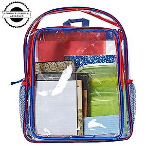 Red and Blue Clear Backpack for School, 16 inch Stadium Approved Transparent Bag