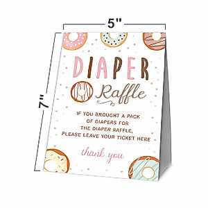 JCVUK Baby Shower Games, 1 Diaper Raffle Standing Sign with 50 Diaper Raffle Tickets,Donut Love Theme Babyshower Party Decorations and Supplies For Boys or Girls(LBLK-B11)