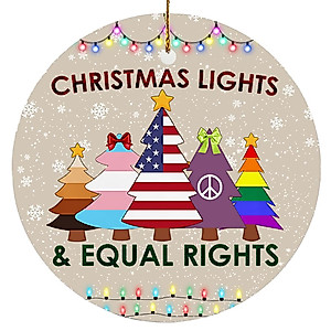 2023 Christmas Lights and Equal Rights Ceramic Ornament Christmas Tree, Minimalist Feminist Gift LGTBQ Patriotic USA Gay Pride, Womens Rights Holiday Decor, Pro Choice, Social Justice, Peace