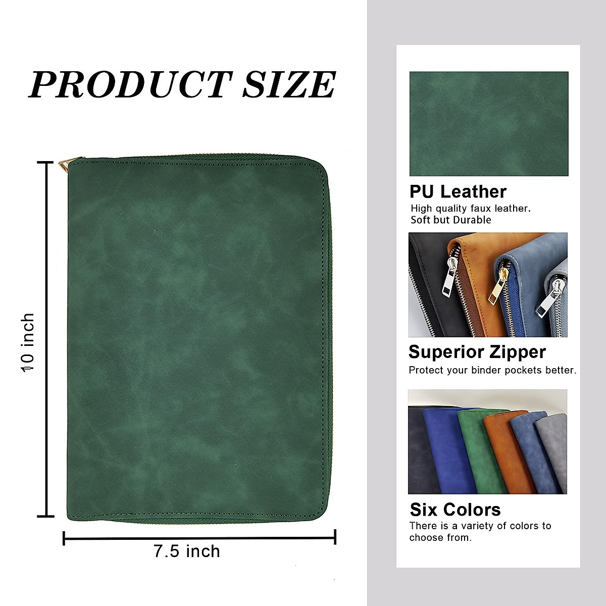 A5 Binder Case PU Leather Portfolio Budget Binder Refillable Notebook Planner Cover with Zipper 6 Rings Money Document Organizer for Business Interview (Green)