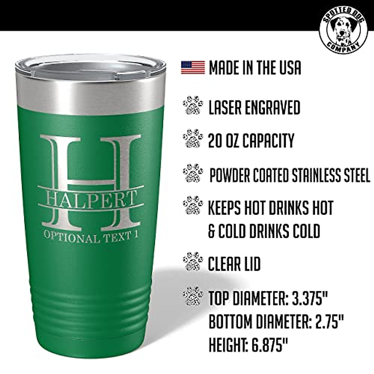 Personalized 20oz (17 Colors) Powder Coated Insulated Stainless Steel Tumbler with Lid, Custom Etched, Customized Engraved Gift Idea for Women Men Her Him, Halpert Monogram Initial Name (Green)