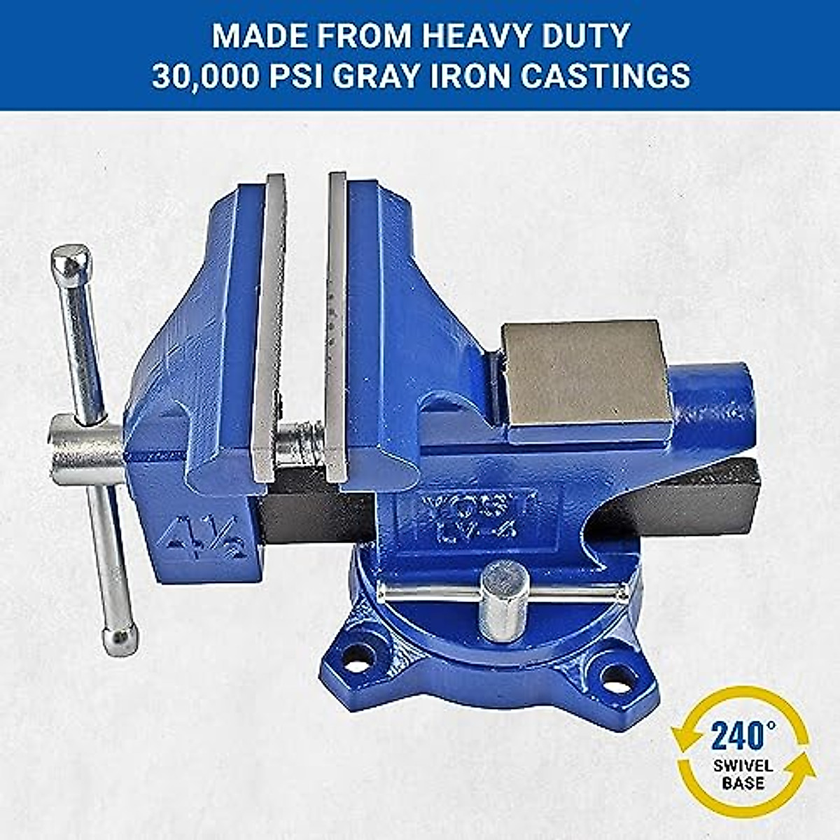 Yost Vises LV-4 Homeowner's Vise | 4.5 Inch Jaw Width with a 3 Inch Jaw Opening Home Vise | Secure Grip with Swivel Base | Assembled with a Combination of Powder Coated Cast Iron and Steel | Blue