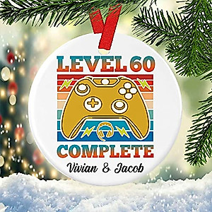 Prezzy 60th Birthday Ornament for Christmas Tree Keepsake Gifts for Men Women Friends Family Level 60 Complete Birthday Decorations Personalized Ornaments 3'' Circle Ceramic Hanging Pendants
