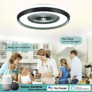 HUMHOLD 24" Low Profile Ceiling Fans with Lights - Smart Bladeless Ceiling Fan with Voice/APP Control Dimmable Color Chaning LED-RGB Back Ambient Light, Flush Mount Ceiling Fans Black