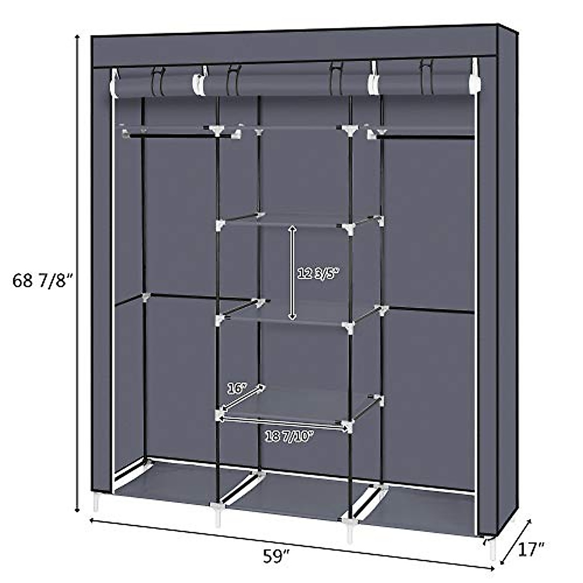 Portable Clothes Closet Non-Woven Fabric Wardrobe Double Rod Storage Organizer 69" - Gray